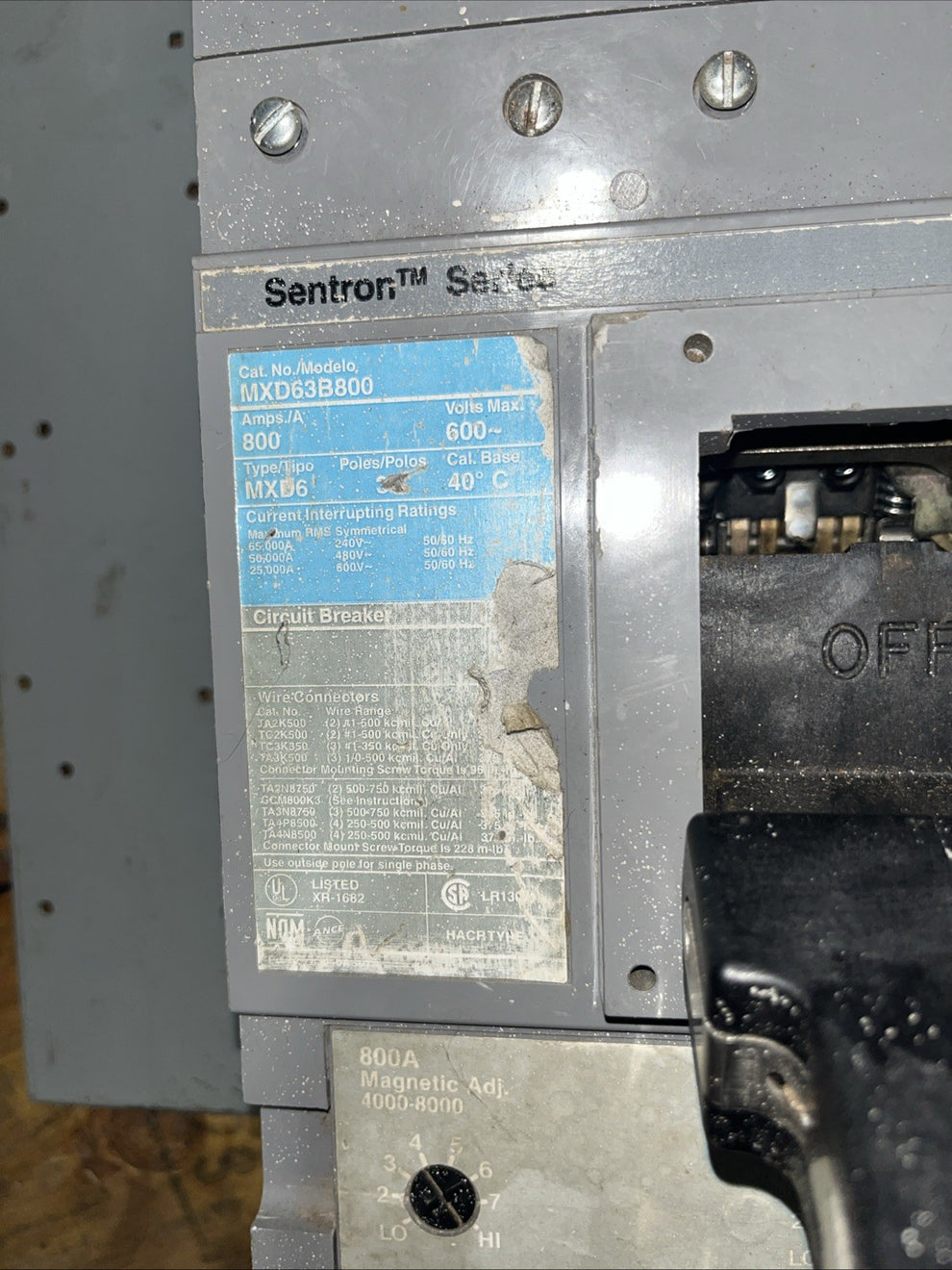 Siemens MXD63B800 Sentron Series Circuit Breaker 800A 600V 3Pole missi ...