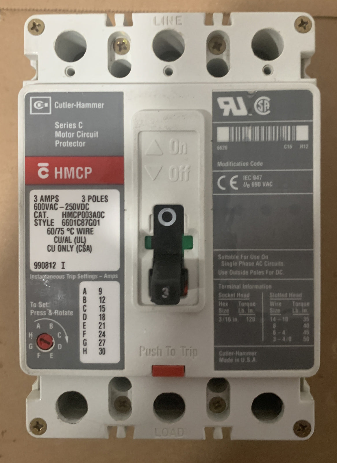 Eaton HMCP003A0C MOTOR CIRCUIT PROTECTOR 3p 3a, 600vac, Style: 6601C87 ...