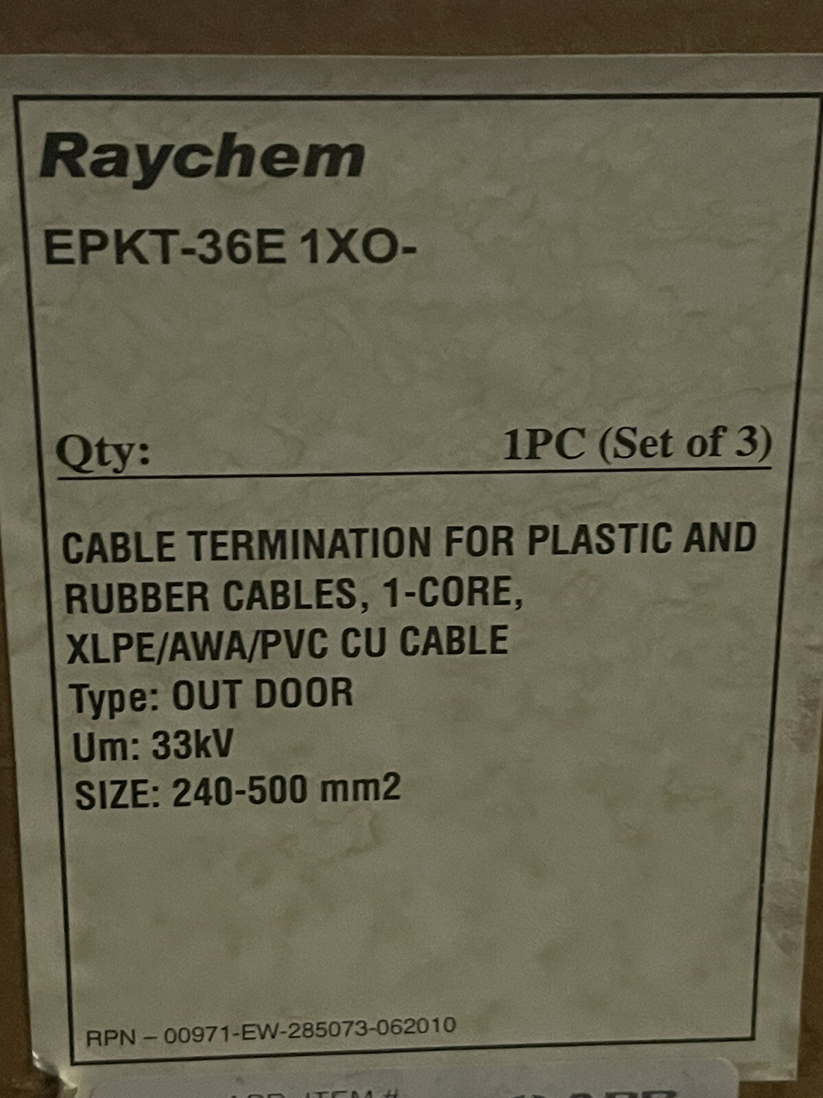 RAYCHEM EPKT36E1XO 33kV CABLE TERMINATION KIT, OUTDOOR, 240500 mm2 (SE ...